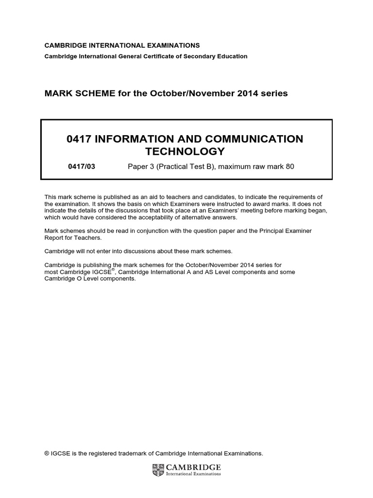 0417 Information and Communication Technology: MARK SCHEME For The ...
