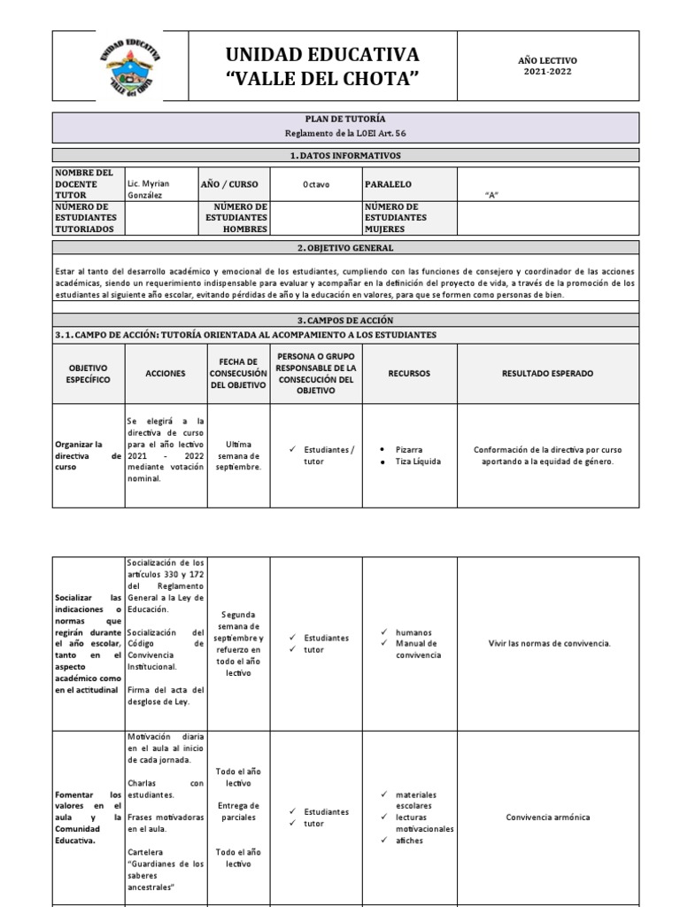 Plan de Accion Tutorial | PDF | Salón de clases