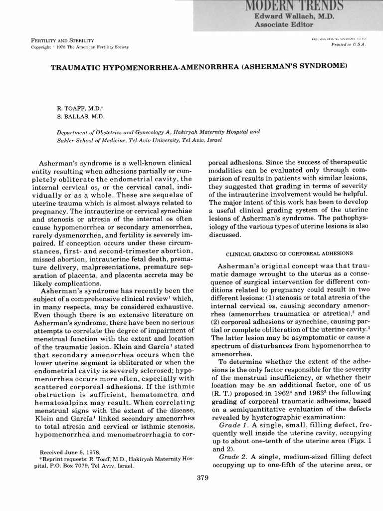Traumatic Hypomenorrhea-Amenorrhea (Asherman'S Syndrome) : R. Toaff, M, D, S, Ballas, M.D | PDF ...