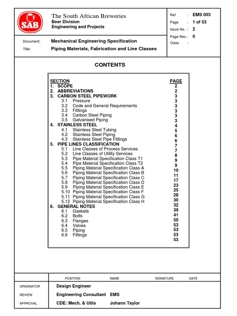 Title: Specifications for Piping Materials, Fabrication, and Line Classification for Utility and ...
