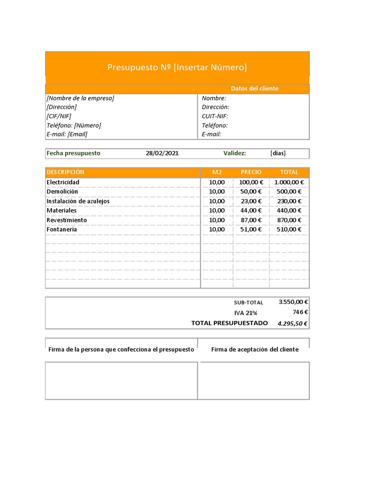 Plantilla de Presupuesto de Obra en Word | PDF