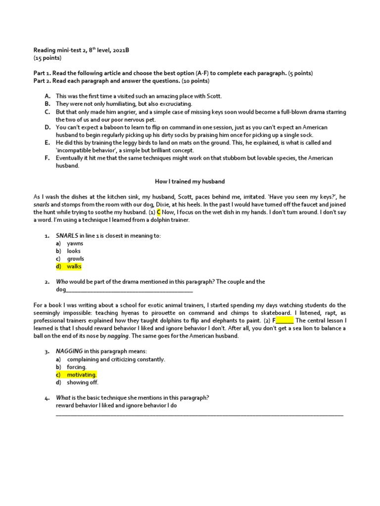 8th Grade Reading Comprehension Pdf Animal Training