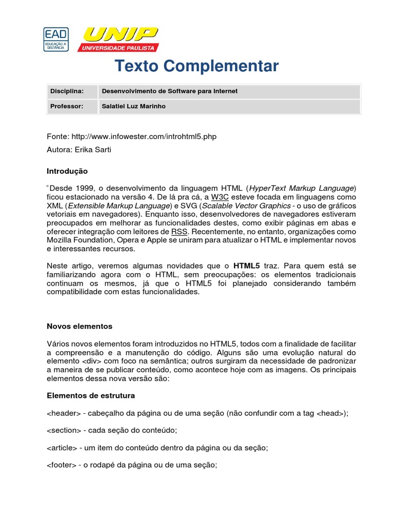 Texto Complementar | PDF | Html5 | Html