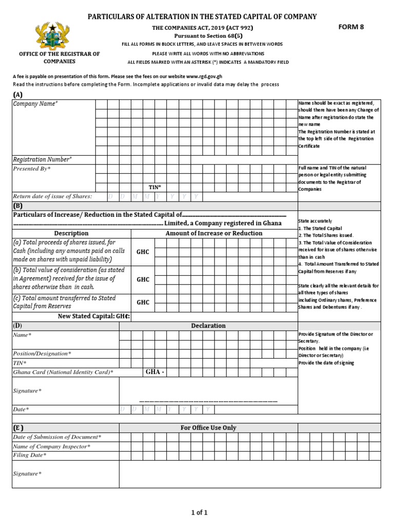 Form 8 Particulars of Alteration in The Stated Capital of A Company ...