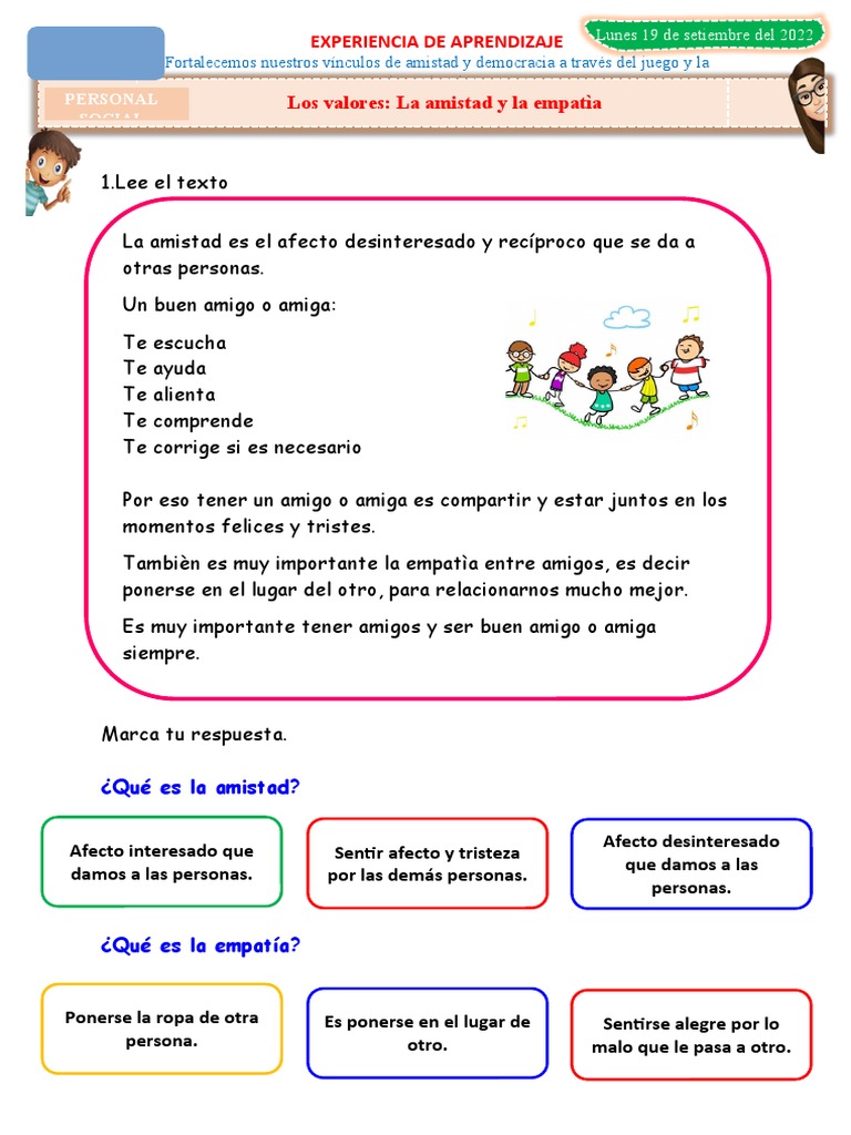 D1 A2 FICHA Los Valores La Amistad y La Empatìa | PDF