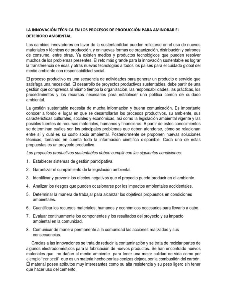 La Innovación Técnica en Los Procesos de Producción para Aminorar El ...