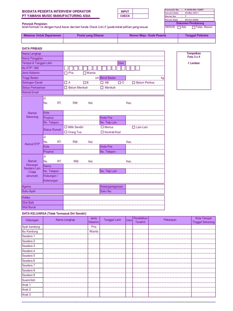Form Biodata Pelamar PT YMMA | PDF