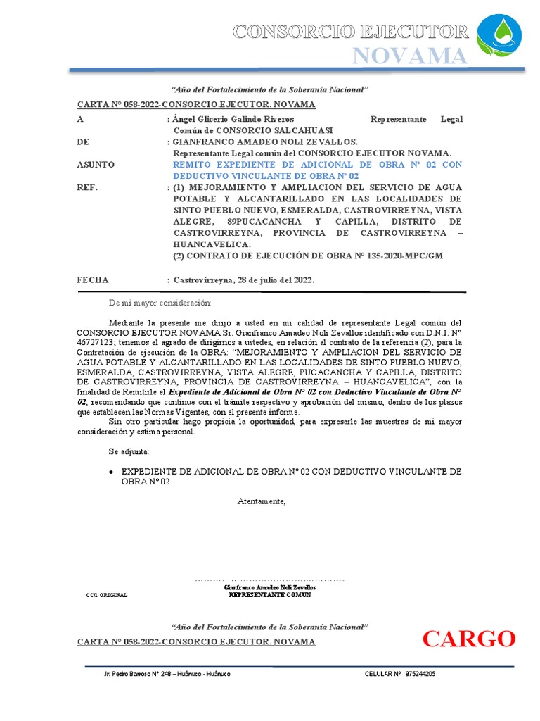 Remisión del expediente de adicional de obra número 02 con deductivo vinculante para su ...