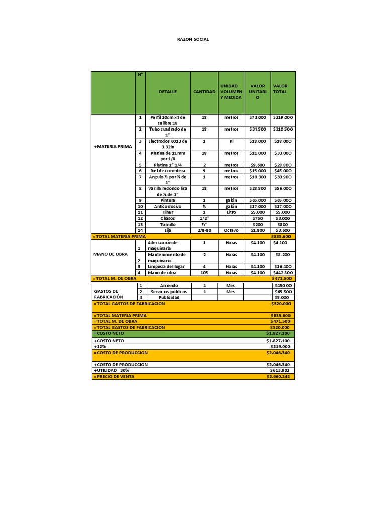 Plantilla Hoja de Costos | Download Free PDF | Volumen