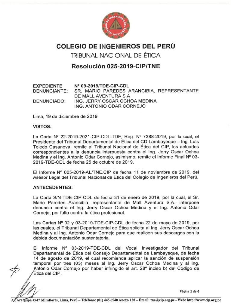 Resolucion 025 2019 Cip Tne. | PDF