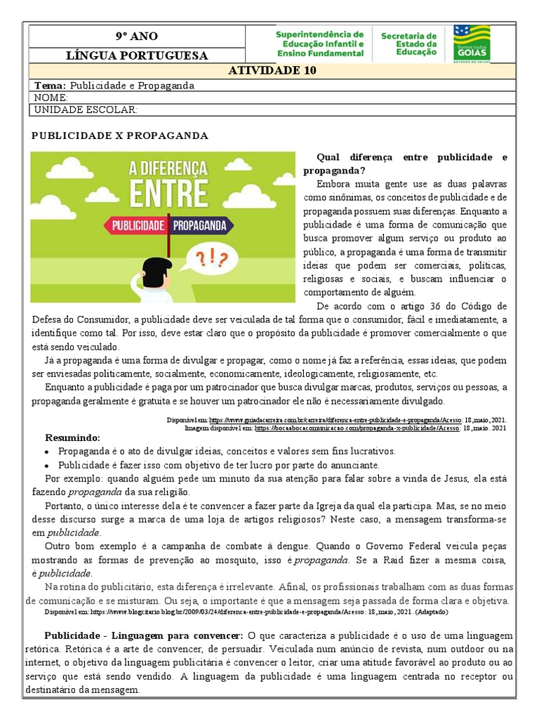 Atividade 10 9o Ano LP Publicidade e Propaganda | PDF | Publicidade ...