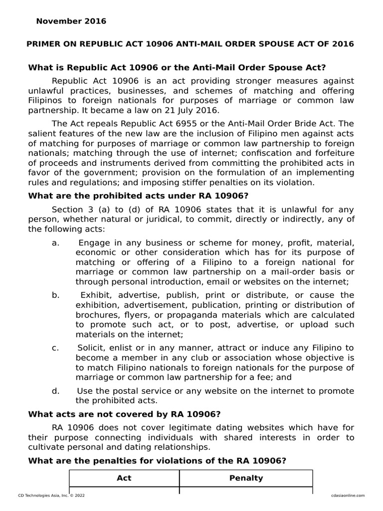 (MAIL ORDERED SPOUSE) Primer - On - Republic - Act - 10906 - Anti-Mail ...