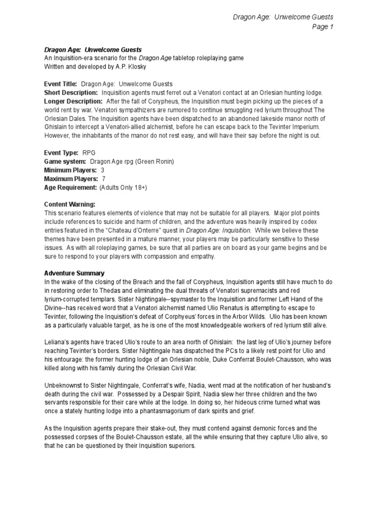 Dragon Age RPG One-Shot - Unwelcome Guests - Adventure Outline and ...