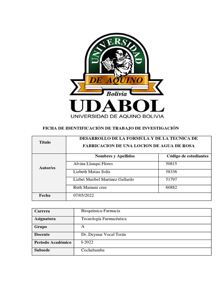 Desarrollo de La Formula y de La Tecnica de Fabricacion de Una Locion ...