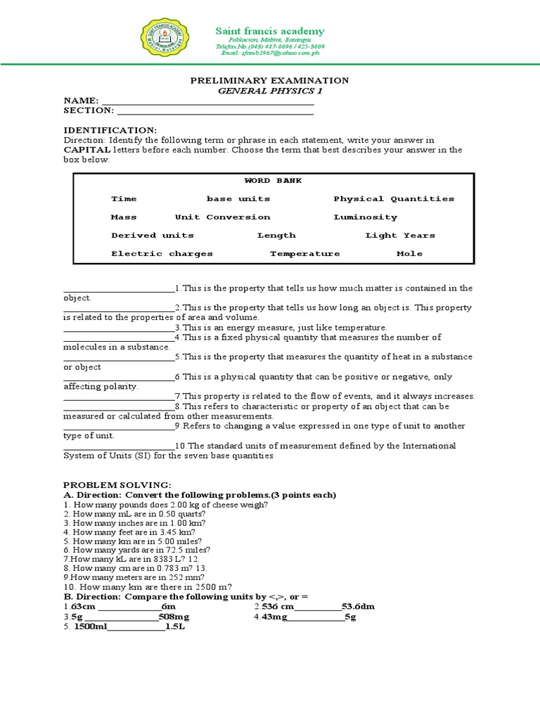 Prelims Gen Physics 1 | PDF | Measurement | Applied And Interdisciplinary Physics
