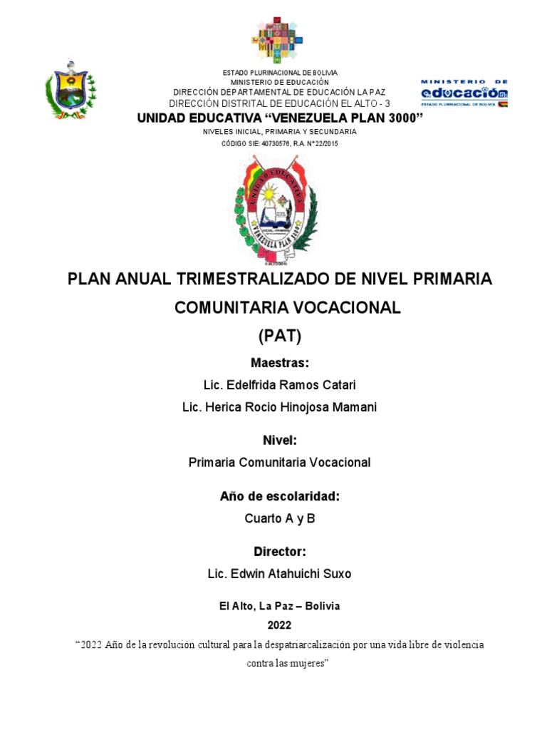Plan Anual PAT 4to Primaria Bolivia | PDF | Plan de estudios | Pensamiento