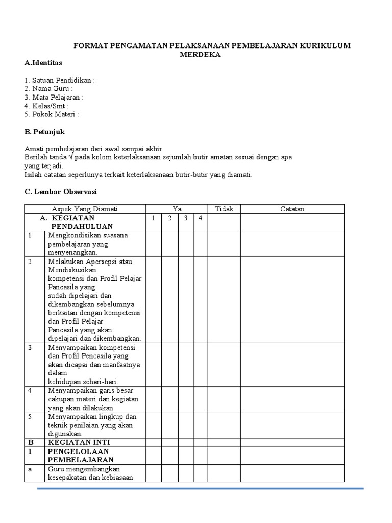 Format Pengamatan Pelaksanaan Pembelajaran Kurikulum Merdeka | PDF