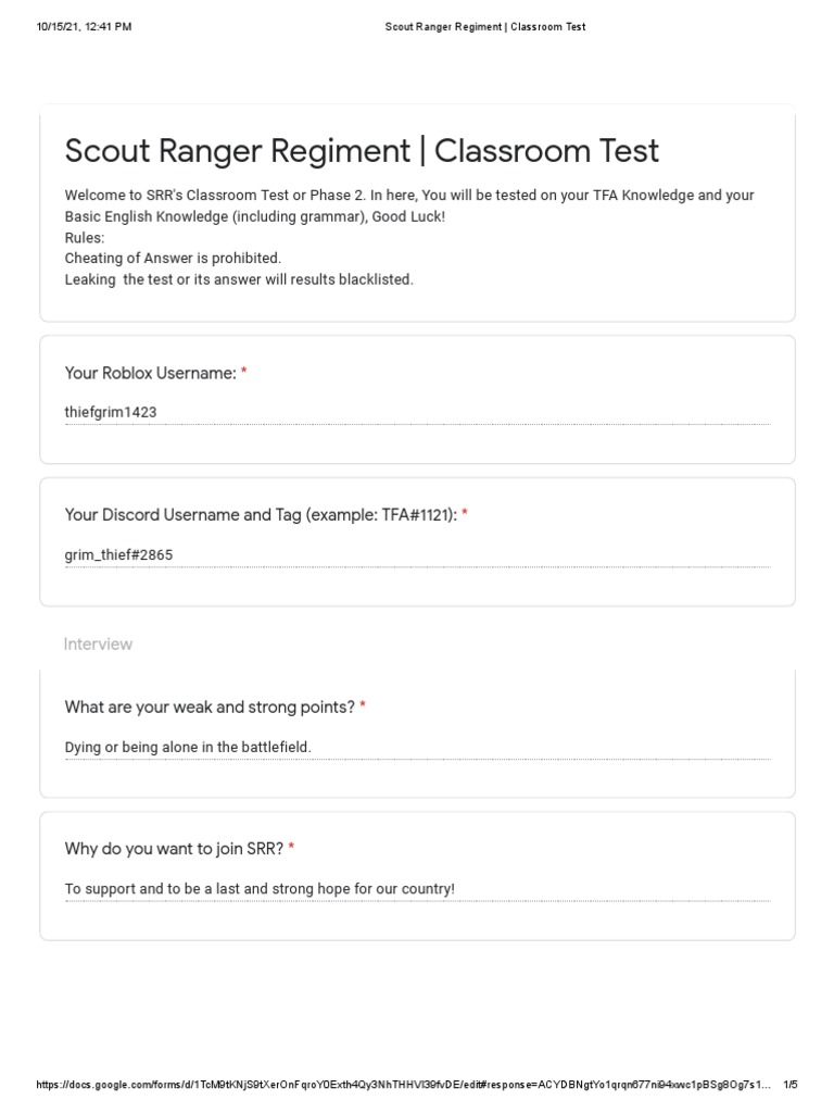 Scout Ranger Regiment Classroom Test - Google Forms | PDF | Recruit ...