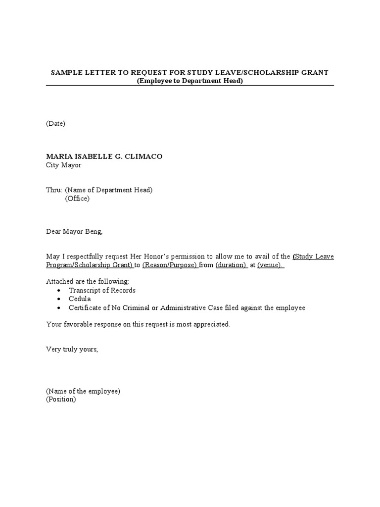 Letter Format Study Leave Scholarship Request Employee To DH | PDF