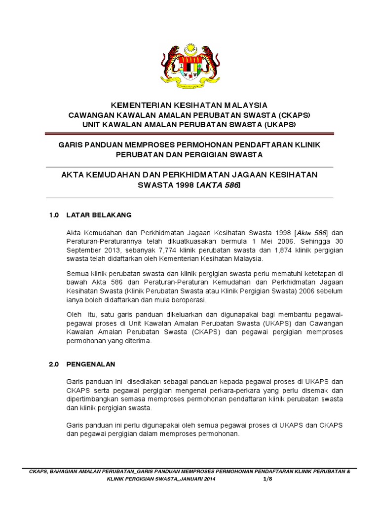 Garis Panduan Memproses Permohonan Pendaftaran Klinik Perubatan Swasta (Edit 2020) | PDF