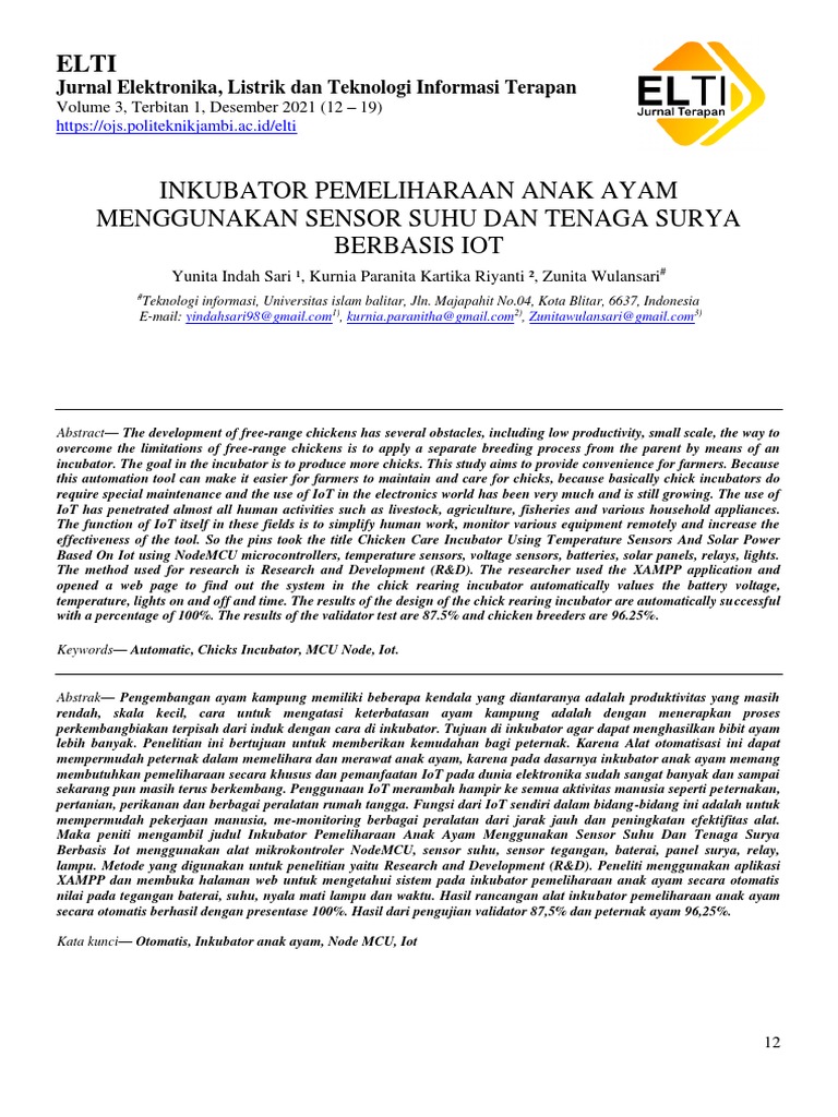 Automated Chicken Incubator Using Temperature Sensors and Solar Power Based on IoT | PDF ...