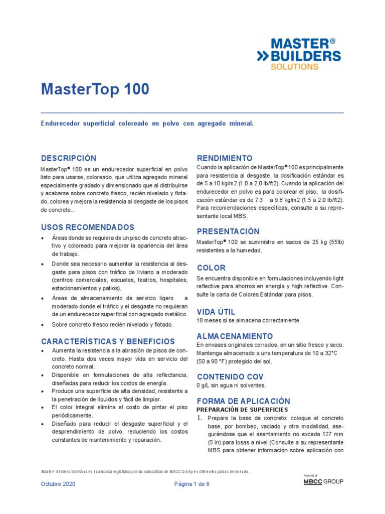 Mastertop 100 - Ficha Tecnica | PDF | Hormigón | Agua Mastertop 100 - Ficha Tecnica | PDF | Hormigón | Agua