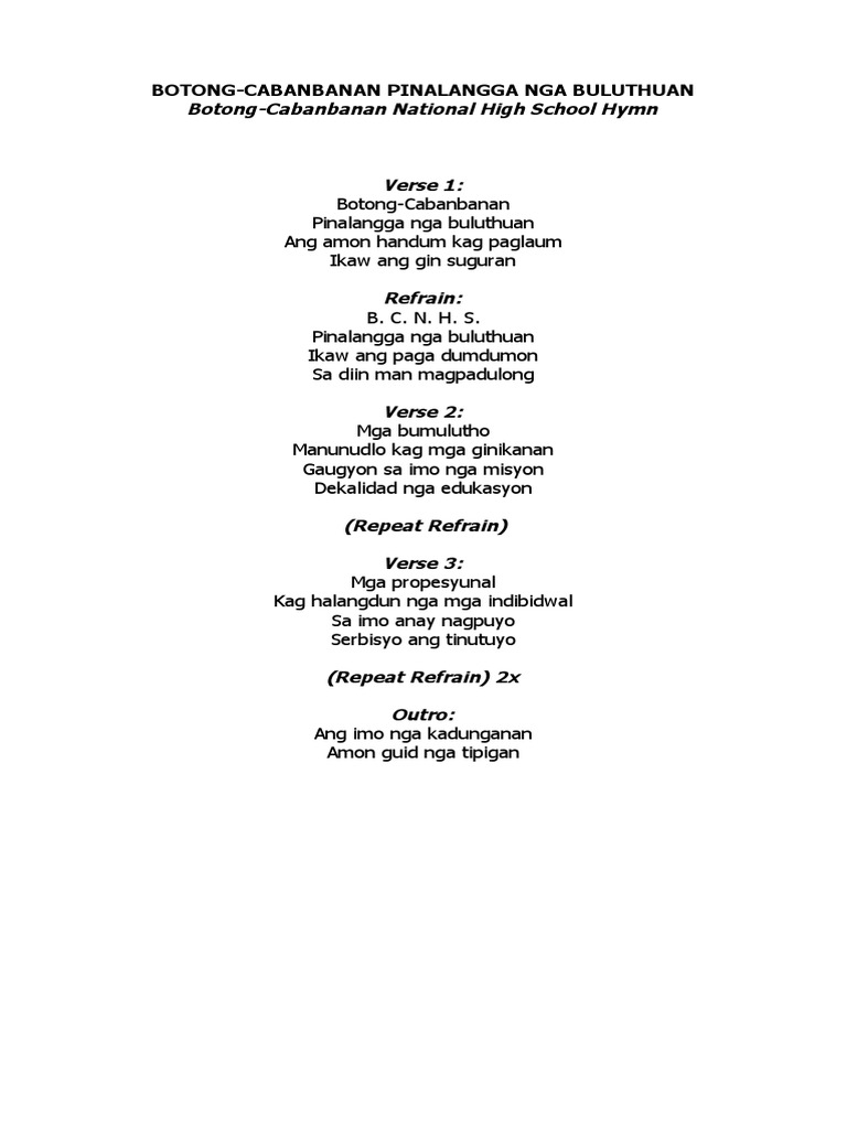 BCNHS School Hymn Lyrics | PDF