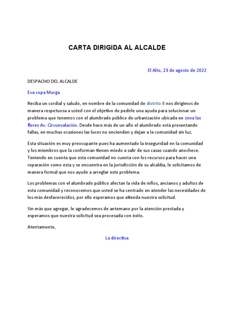 Carta Dirigida Al Alcalde | PDF