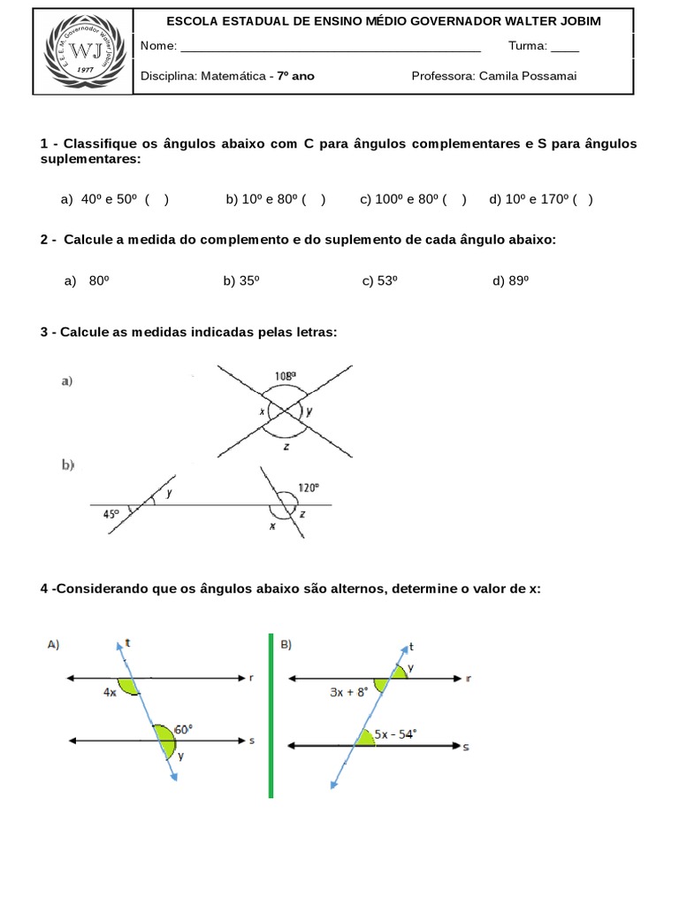 Exercícios sobre ângulos complementares e suplementares | PDF