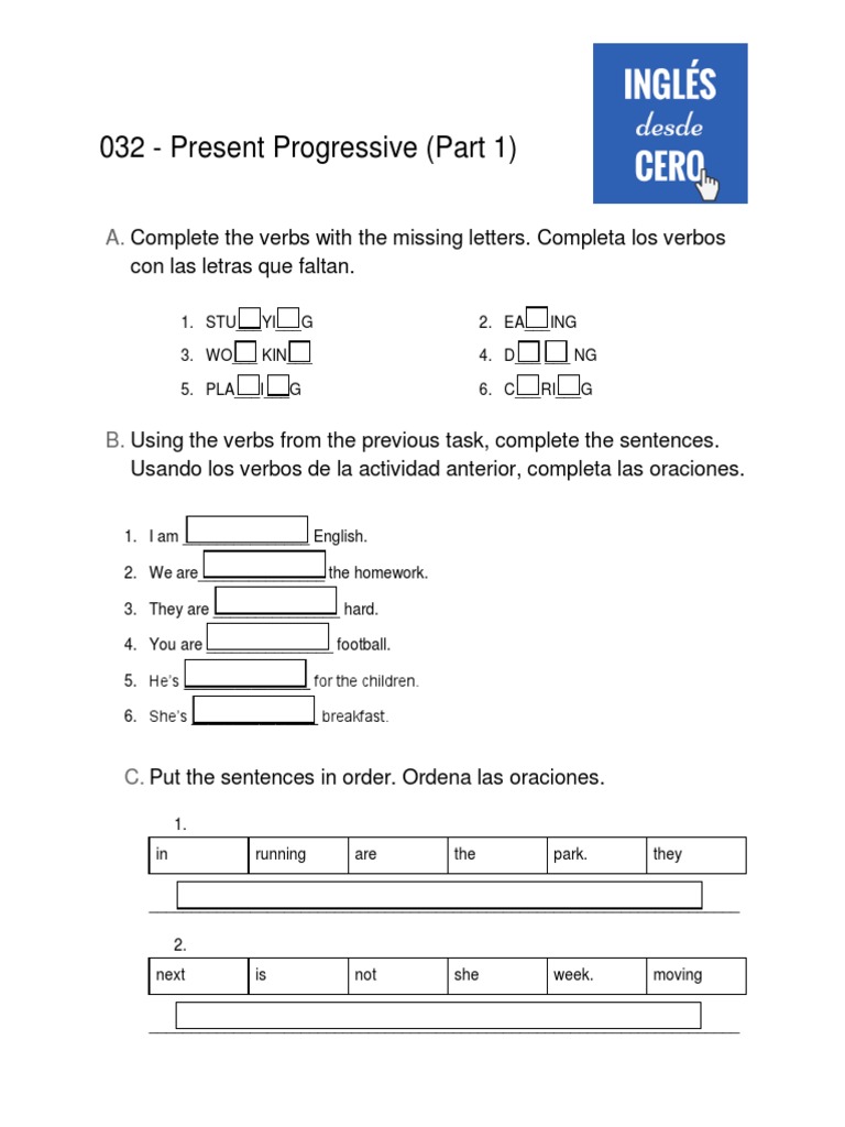 032 Present Progressive Part 1 Ejercicios 1 Download | PDF