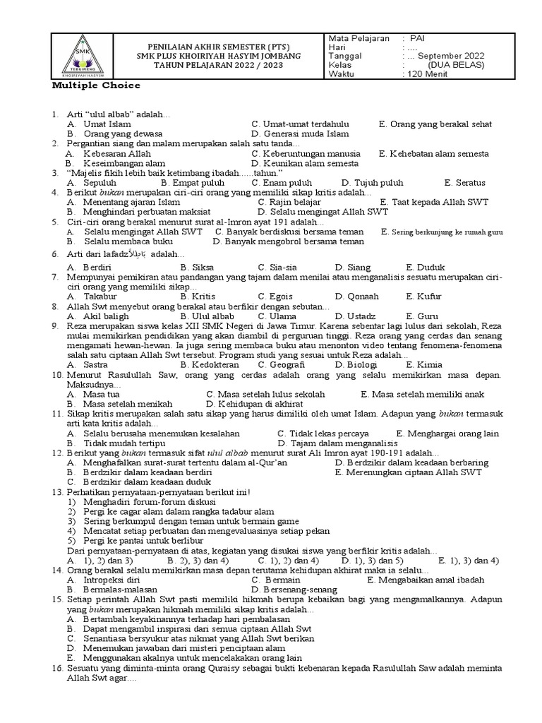 PTS Ganjil PAI 12 SMK 2022-2023 | PDF