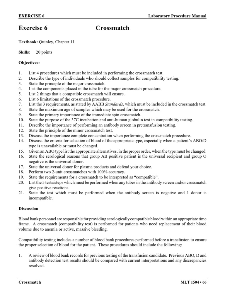 Exercise 6 Crossmatch: Exercise 6 Laboratory Procedure Manual | PDF ...