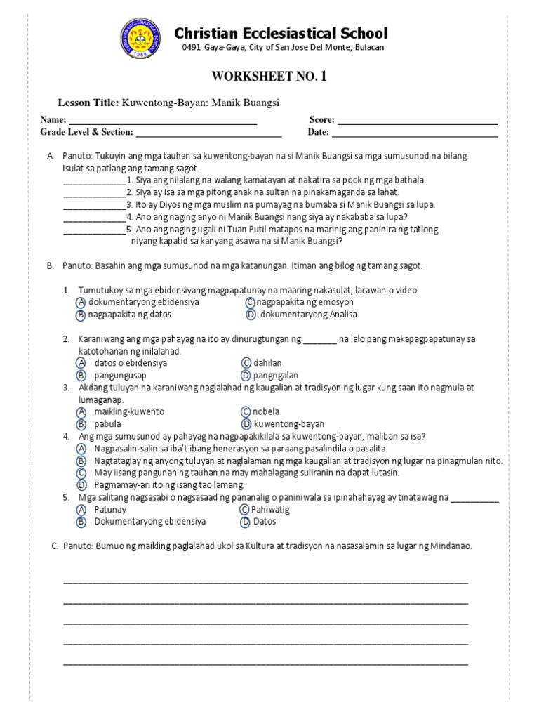 WORKSHEET-1st Quarter (Filipino-7) | PDF