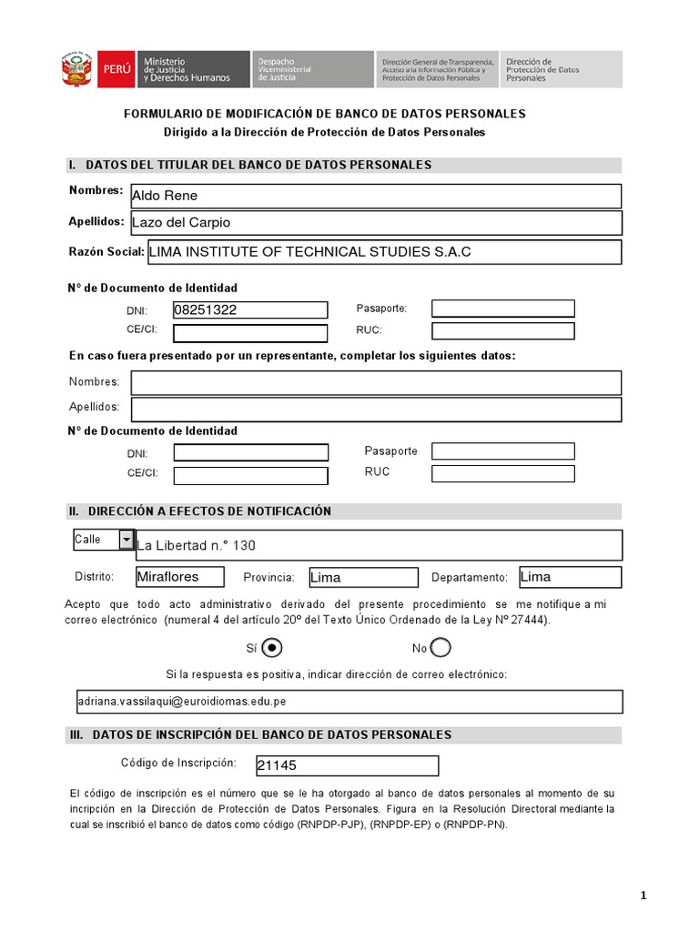 TUPA #35 - Formulario de Modificación de Banco de Datos - rv1 | PDF | Privacidad de la ...