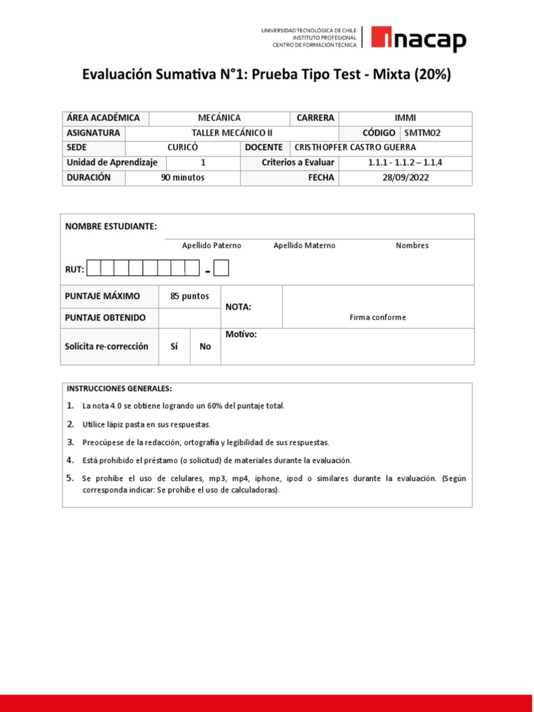 EVA N°1 DE TALLER MECANICO II - OKk | PDF