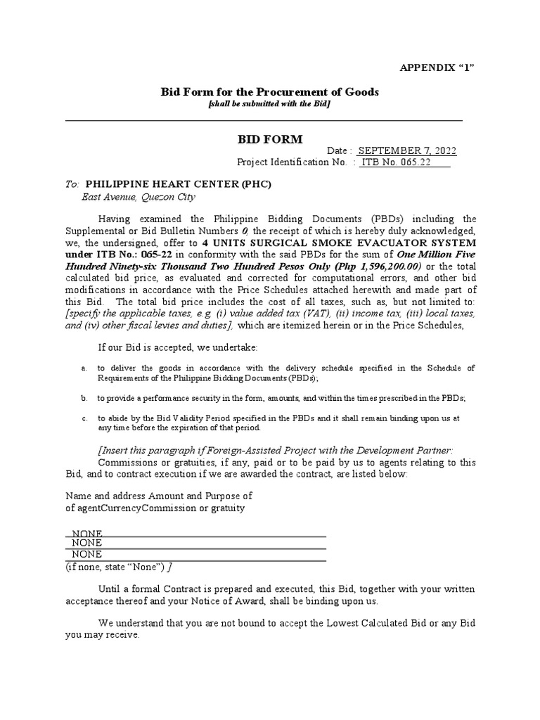 Bid Form For The Procurement of Goods: Appendix "1" | PDF | Taxes ...