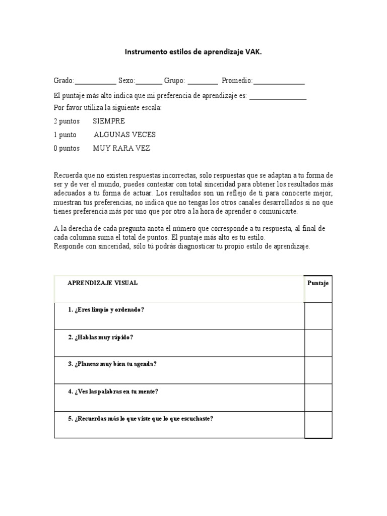 Test VAK Modificado y Adaptado | Descargar gratis PDF | Aprendizaje ...