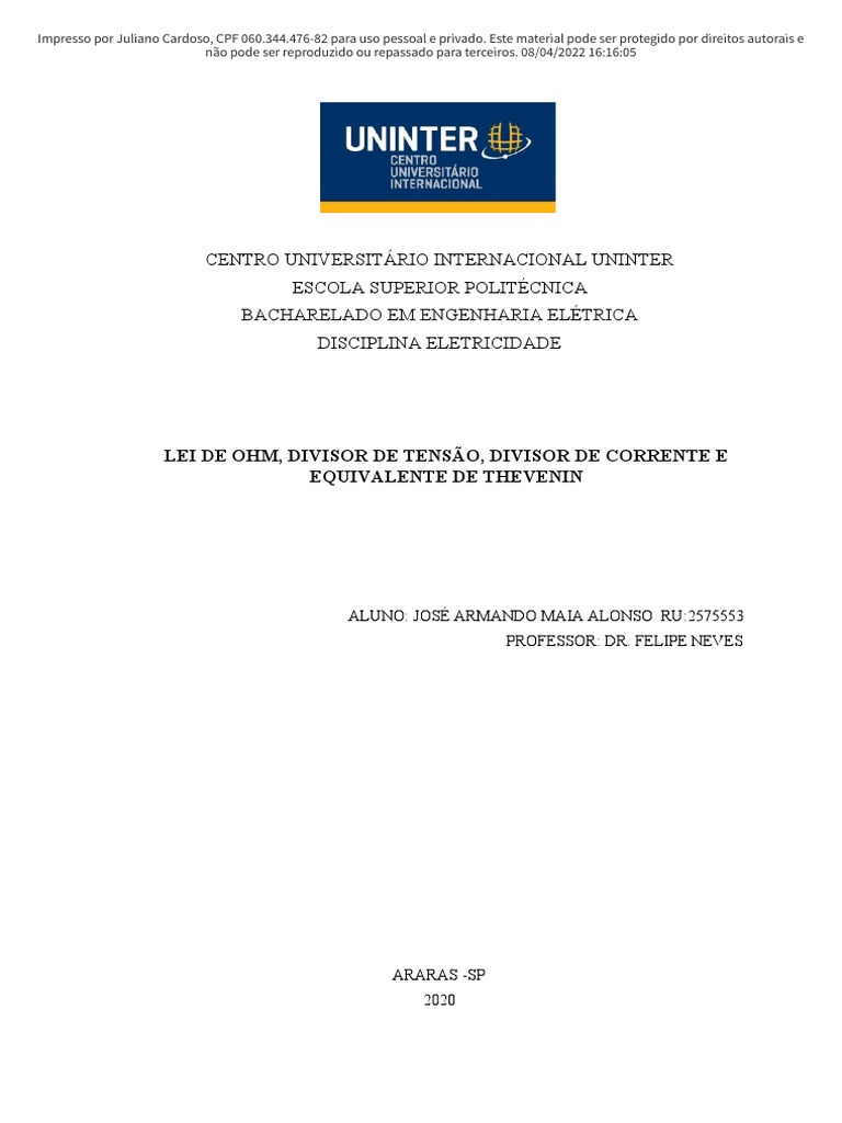 Atividade Prática Eletricidade Uninter - Passei Direto 01 | PDF | Eletricidade | Rede elétrica