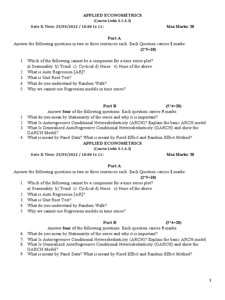 Applied Econometrics Exam Questions | PDF | Time Series ...