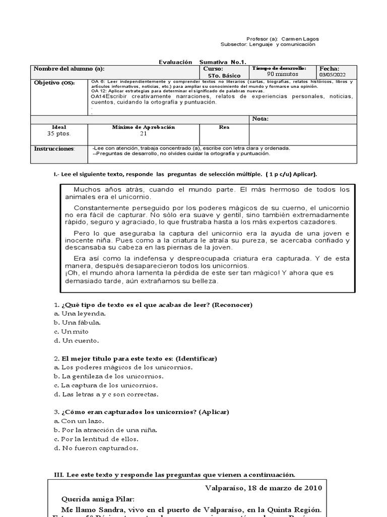 Prueba Sumativa 5to. Basico | PDF | Oración (Lingüística) | Asunto ...