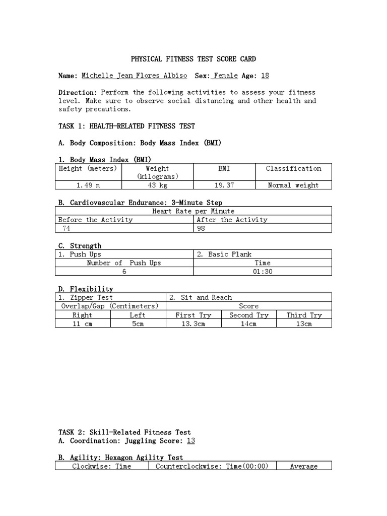 PHYSICAL FITNESS TEST SCORE CARD Answer | PDF