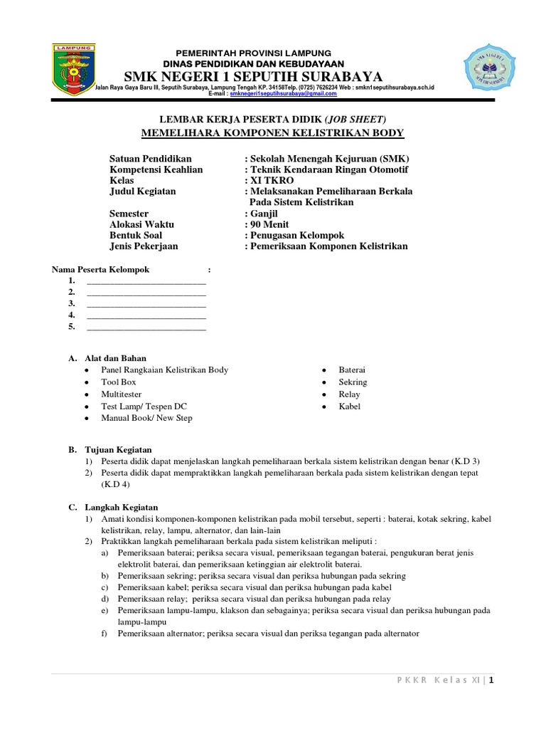 Job Sheet Pemeliharaan Berkala Kelistrikan | PDF