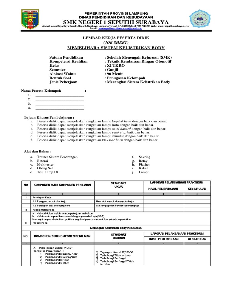 Job Sheet Merangkai Kelistrikan Body XI TKRO | PDF