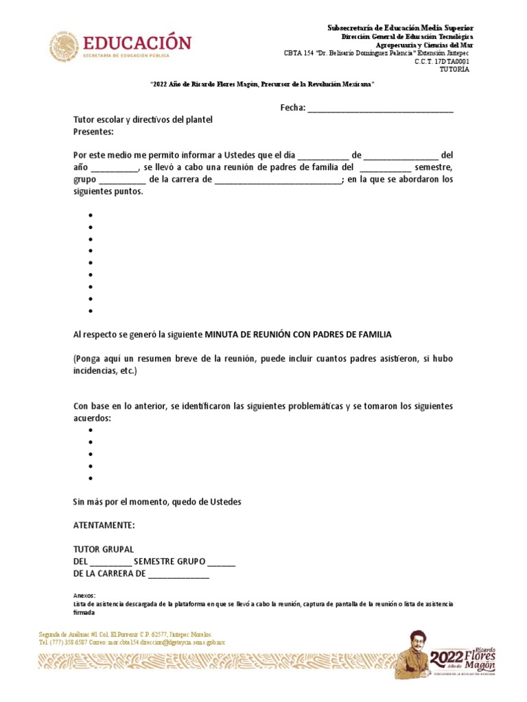Minuta de Reunión Con Padres de Familia | PDF