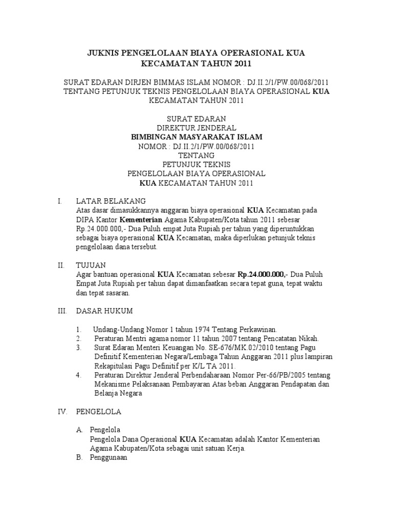 Se Juknis Pengelolaan Biaya Operasional Kua | PDF