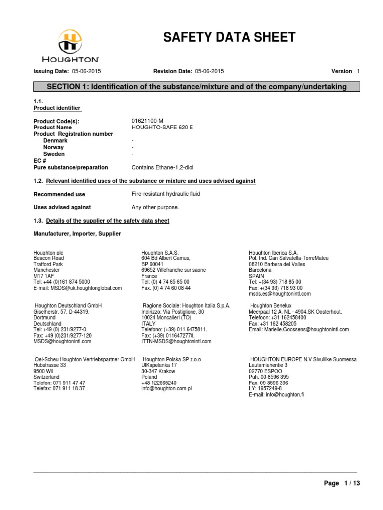 Houghto-Safe 620 e - CLP Sds-En | PDF | Dangerous Goods | Personal ...