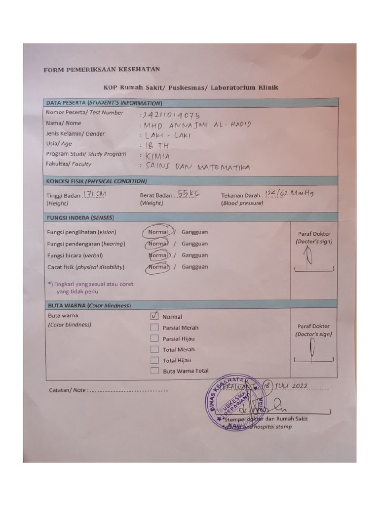 Surat Keterangan Hasil Tes Kesehatan | PDF