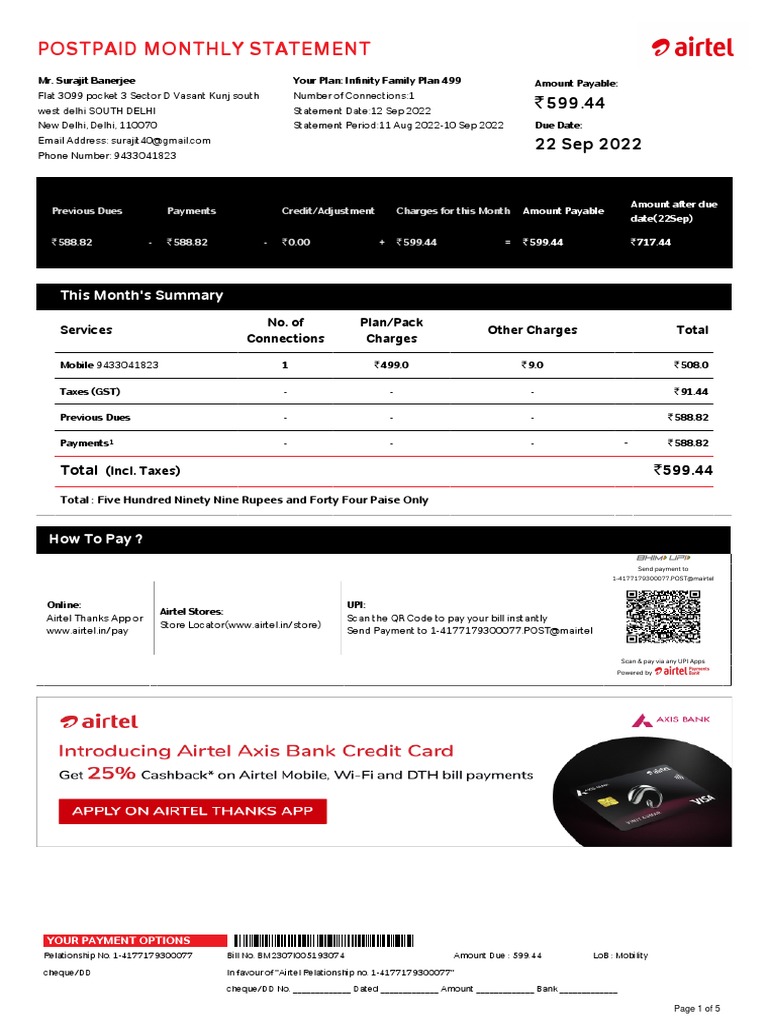 Postpaid Bill 9433041823 BM2307I005193074 | Download Free PDF | Credit Card | Cheque