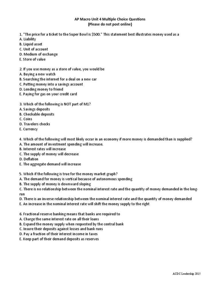 AP Macro Unit 4 Multiple Choice Questions | PDF | Money Supply ...