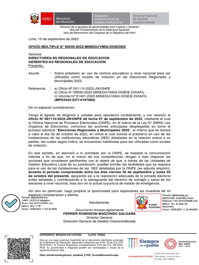 Oficio - Multiple 00030 2022 Minedu Vmgi Digeged | PDF | Elecciones ...
